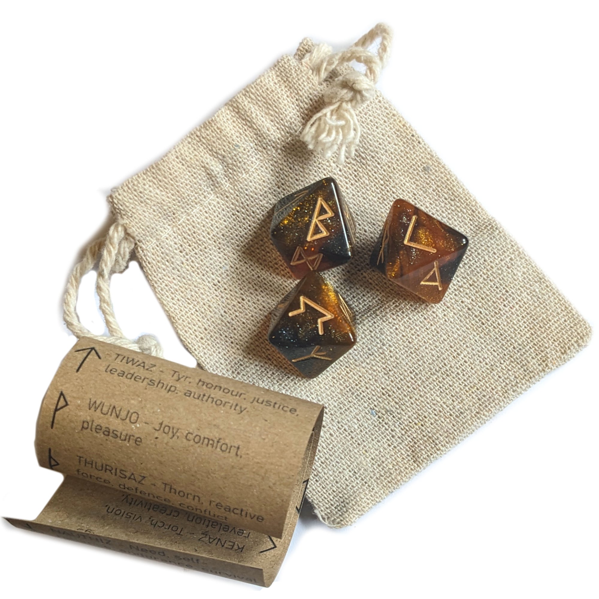 Elder Futhark rune dice in pouch | Morbitorium
